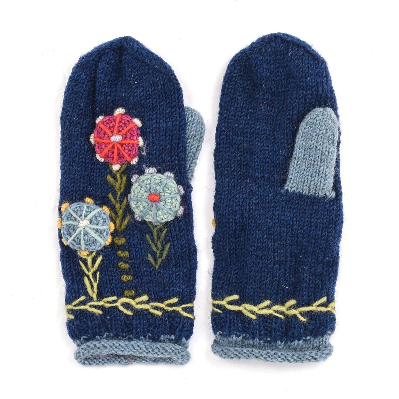 Maya Mittens - Hand-Knitted Wool Mittens with Embroidered Flowers ...